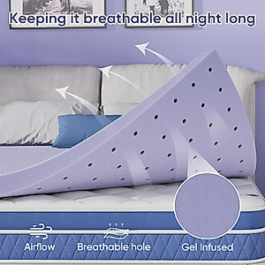 BedsPick 2 Inch Gel Infused Memory Foam Mattress Topper, Twin XL, Ventilated and Breathable, Purple