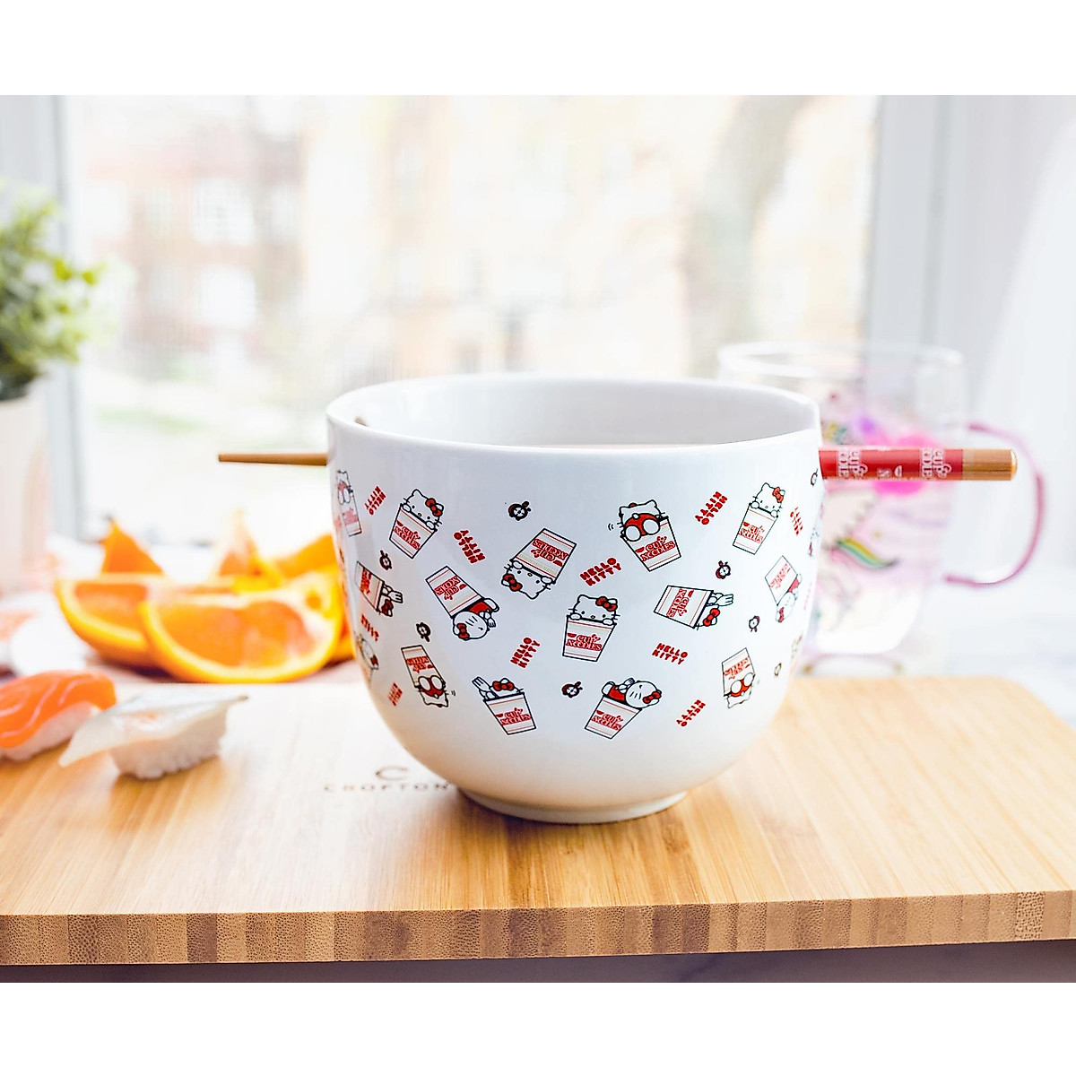 Toynk Sanrio Hello Kitty x Nissin Cup Noodles Ceramic Dinnerware Set | Includes 20-Ounce Ramen Noodle Bowl and Wooden Chopsticks