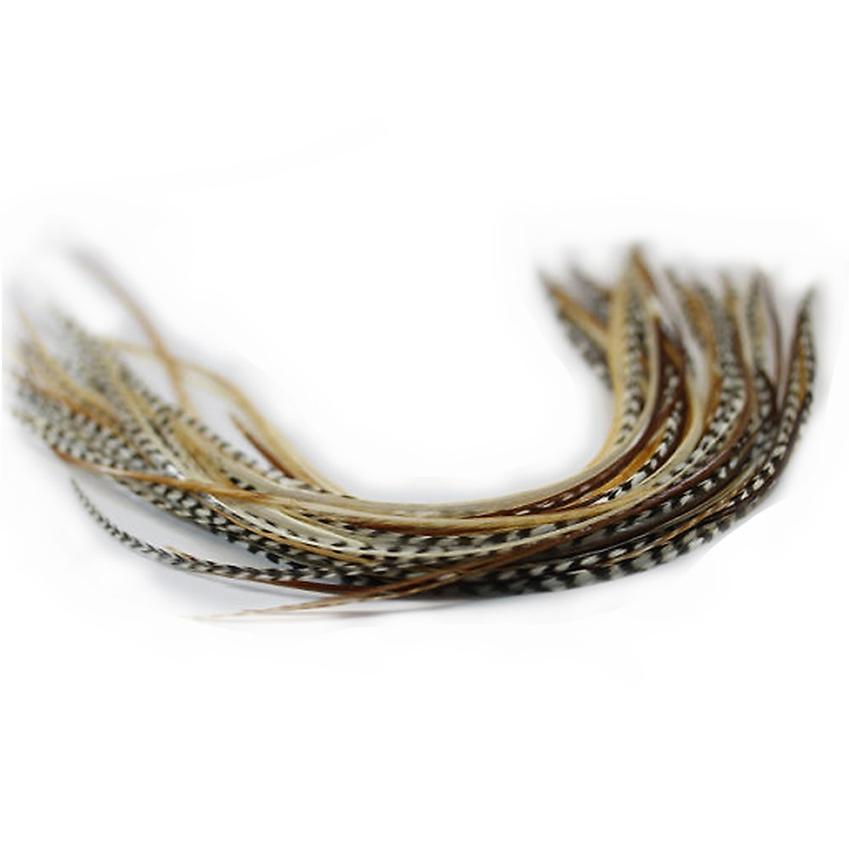 Natural Beige and Brown Feather Hair Extension – Ranging from 8 to 12 Inches, Seven Genuine Rooster Feathers Bonded Together, Includes Two Silicone Micro Beads