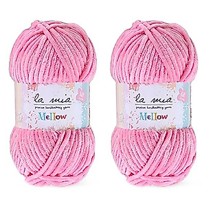 2 Skein La Mia Mellow Velvet Chenille Yarn for Knitting and Crocheting Baby Clothes, Blankets and Accessories, 100% Polyester, 100 gr (3.5 oz) / 115 m (125 Yards), Super Bulky, Pink - 914