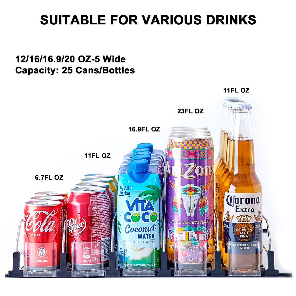 Soda Can Drink Organizer for Fridge, Self Pushing Drink Organizer for Refrigerator Width Adjustable Beverage Pusher Glide Beer Pop Can Water Bottle Storage for Pantry, Kitchen-Black, 5 Row