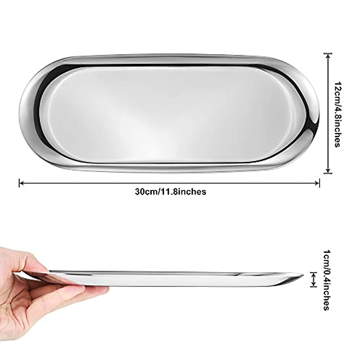 2 Pack Silver Oval Vanity Tray, Stainless Steel Jewelry Tray, Bathroom Tray, Makeup Cosmetic Trays,Towel Napkin Tray,Storage Organizer,11.8 x 4.8 inches (LxW),Large