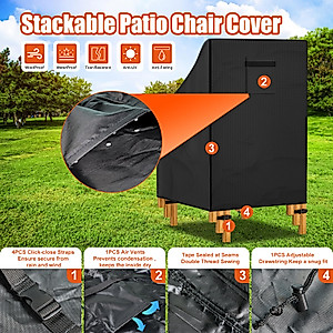 Likorlove Stackable Patio Chair Cover, 25"W x 25"D x 47"H Stacking Outdoor Chair Cover Waterproof High Back Patio Furniture Covers Stacked Chairs, Fits for 4-6 Stackable Dining Chairs, Black (1 Pack)