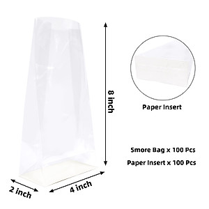 Yotelab Smores Bags, Flat Bottom Cellophane Bags, 4x2x8 Inches Gusseted Cellophane Bags With Paper Insert,100 Pieces