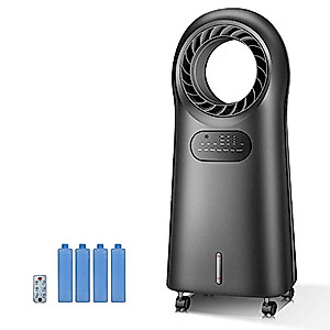 Evaporative Air Cooler, 3-IN-1 Portable Air Conditioner for Room Personal Bladeless Fan/AC Cooling & Humidification, 3 Wind Speeds, 3 Modes, 360° Oscillation, 1-8H Timer, Color night light,Tower Fan For Home Office (Black)