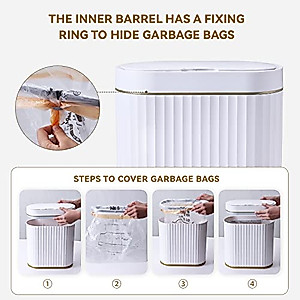 Motion Sensor Trash Can - ELPHECO 2.5 Gallon Waterproof Motion Sensor Trash Can, Bathroom Trash Can, Garbage Bin for Kitchen and Office Use, White with Golden Trim