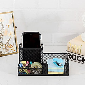 Yunqing Black Mesh Pen Holder - Multipurpose Mesh Desk Organizers Large Capacity Office Supplies with Sticky Notes Holder and 3 Compartments 4 Non-slip Mats Easy Storage Suitable for School, Home