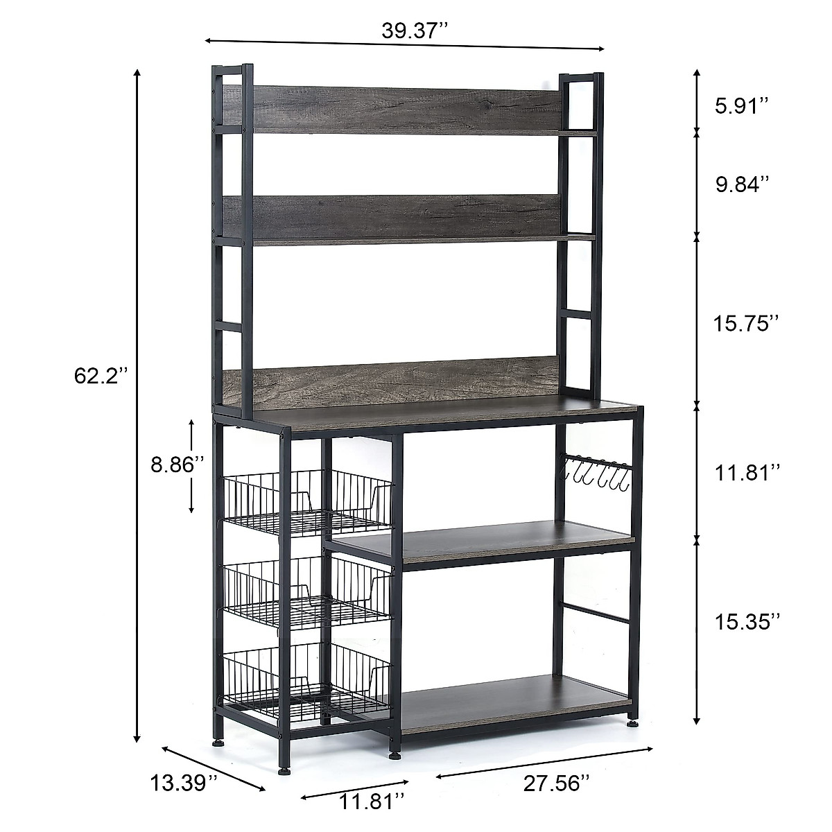 NAIYUFA Kitchen Bakers Rack with Baskets,5-Tier Kitchen Utility Storage Shelf with Hooks, Microwave Oven Stand Rack, Free Standing Kitchen Shelf Vintage Grey
