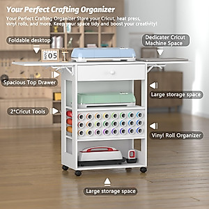 Craft Cart Compatible with Cricut Machine, Storage Rolling Cricut Cart Furniture with Foldable Sides & Drawer for Cricut Organization for Craft Room Home Office