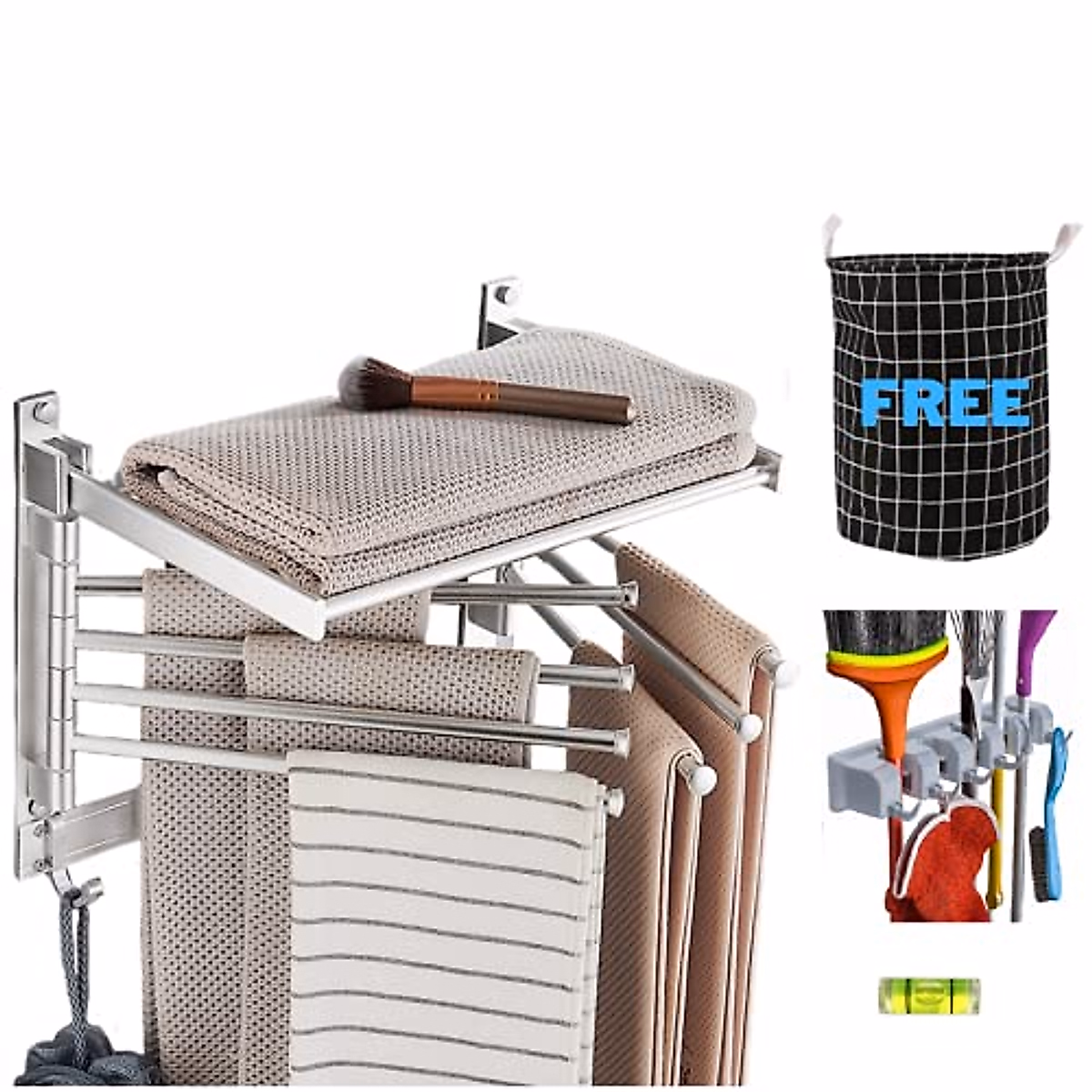 Juselove Wall-Mounted Drying Rack – Drying Rack with Broom Holder and Laundry Bag – Multifunctional Clothing Drying Rack with Swing Arms and Hooks – Space-Saving Laundry Rack for Clothes, Towels