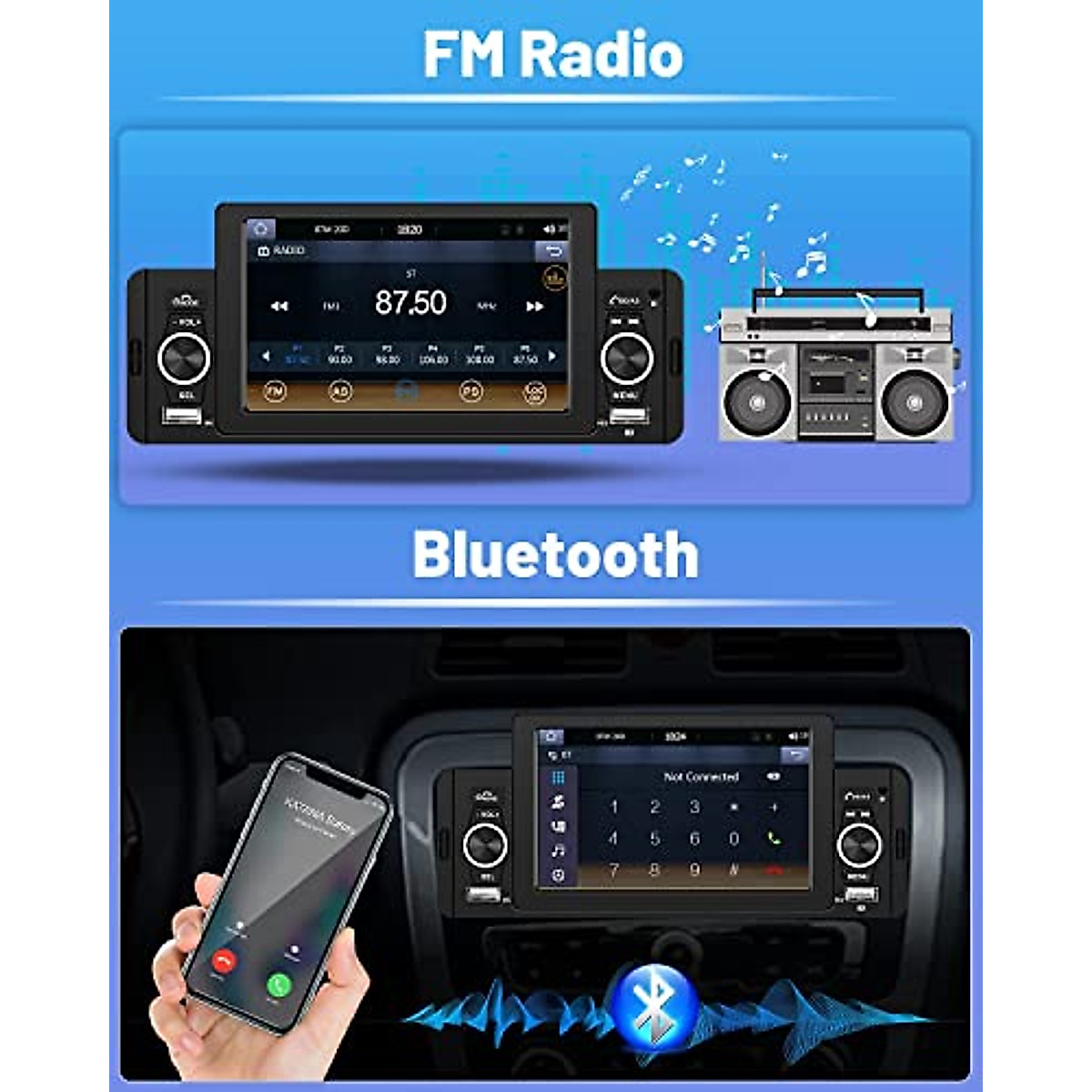 5'' Single Din Apple Carplay Car Stereo with Android Auto, Hikity HD Touch Screen Car Radio Bluetooth 5.1, Mirror Link, FM, Siri, SWC, Dual USB Input, Car Audio with Mic, Remote Control, Backup Cam