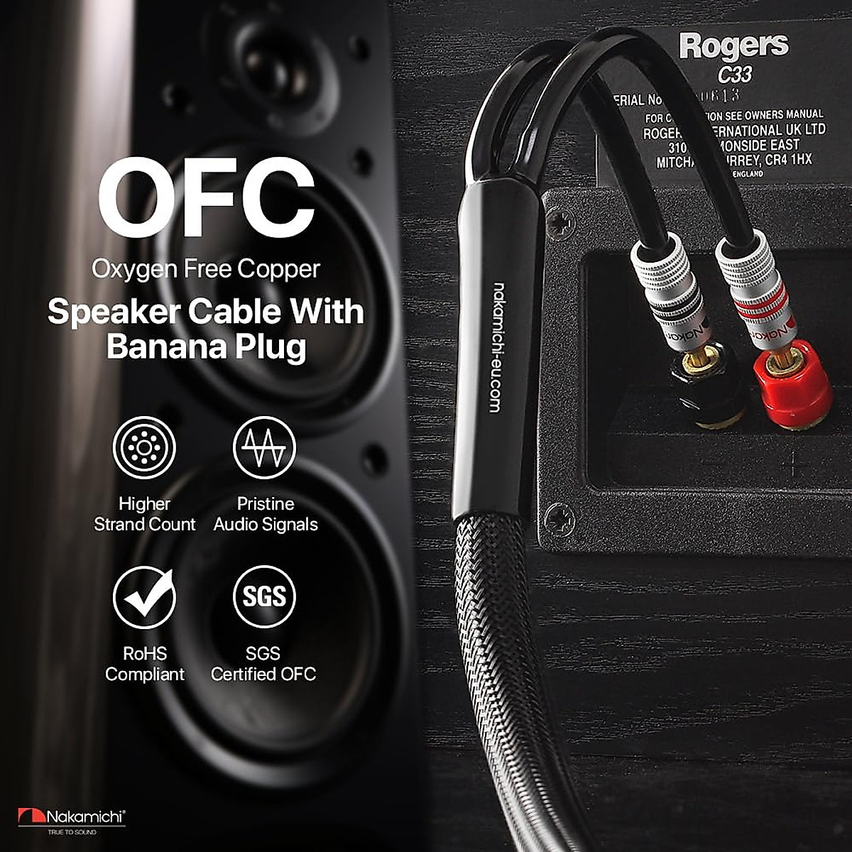 Nakamichi Excel Series 24k Gold Plated Banana Plug with (10 Feet) 12AWG Speaker Cable Wire 99.9% Oxygen-Free Copper (OFC) Heavy Duty Braided for Amplifier Hi-Fi Home Theatre - Black (10ft/3.0m)