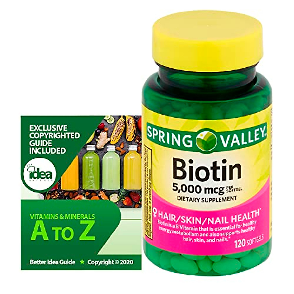 Spring Valley Biotin Dietary Supplement, 5000 mcg, 120 Softgels Total + “Vitamins & Minerals - A to Z - Better Idea Guide” (1 Pack 120 Count)