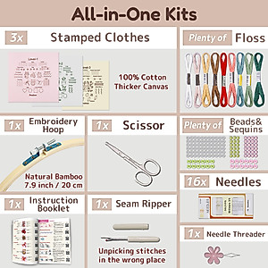 Bradove Beginner Embroidery Kit for Adults Kids, Learn to Embroider 37 Stitches and 13 Cute Patterns, Stitches Kit, Bead Embroidery Kit, Beginner Embroidery Practice