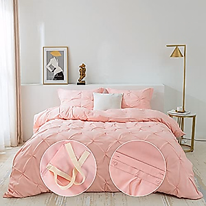 3 Pieces Bedding Duvet Cover Set, Pinch Pleated Queen Duvet Cover, Pintuck Comforter Quilt Cover with 2 Pillow Shams-Queen-90 X 90 inches-Pink