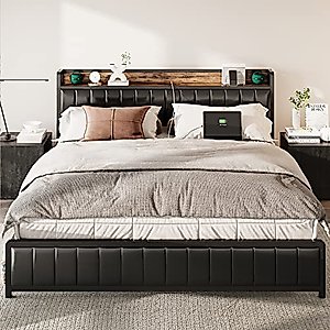 ANCTOR King Bed Frame with Storage Headboard & Footboard, Upholstered Platform Bed with USB Ports & Outlets, Strong Steel Slats Support Mattress Foundation, No Box Spring Needed