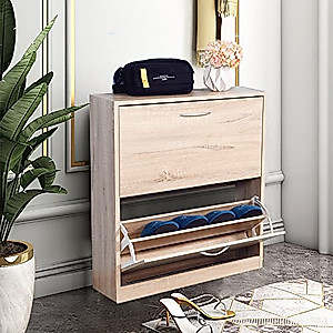 SSLine Shoe Cabinet,Shoe Rack Storage Organizer with 2 Flip Drawers,Entryway Narrow Shoe Storage Cabinet for Narrow Closet, Entryway, Living Room (Natural,2-Tier-2)