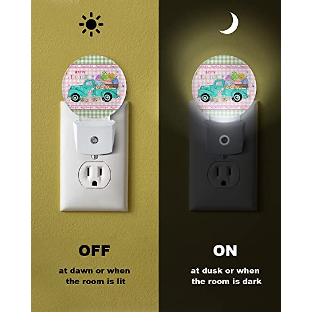 Spring Easter Round Night Lights Plug into Wall, Dusk to Dawn Sensor, Pink Green Plaid Truck Bunny Colorful Eggs LED Night Light for Kids Room, Bedroom, Bathroom, Nursery, Hallway, Stairs