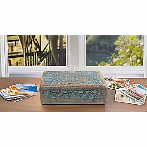 Great Birthday Gift Ideas Handmade Decorative Wooden Jewelry Box Jewelry Organizer Keepsake Box Treasure Chest Trinket Holder Watch Box Storage Lock Box Housewarming Gift Ideas Men Women (Blue)