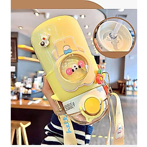 Kawaii Bear Straw Water Bottle with Shoulder Strap, Leak-proof Stainless Steel Vacuum BPA free Cute Insulated Water Bottles and Kawaii Stickers for Girls School Office(Pink)