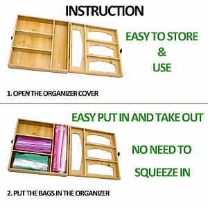 POBIDOBY Storage Bag Organizer Ziplock Bag Storage Baggie Organizer Dispenser for Kitchen Drawer with 4pcs Hooks, Bamboo Organizer Compatible with Gallon, Quart, Sandwich & Snack Variety Size Bags