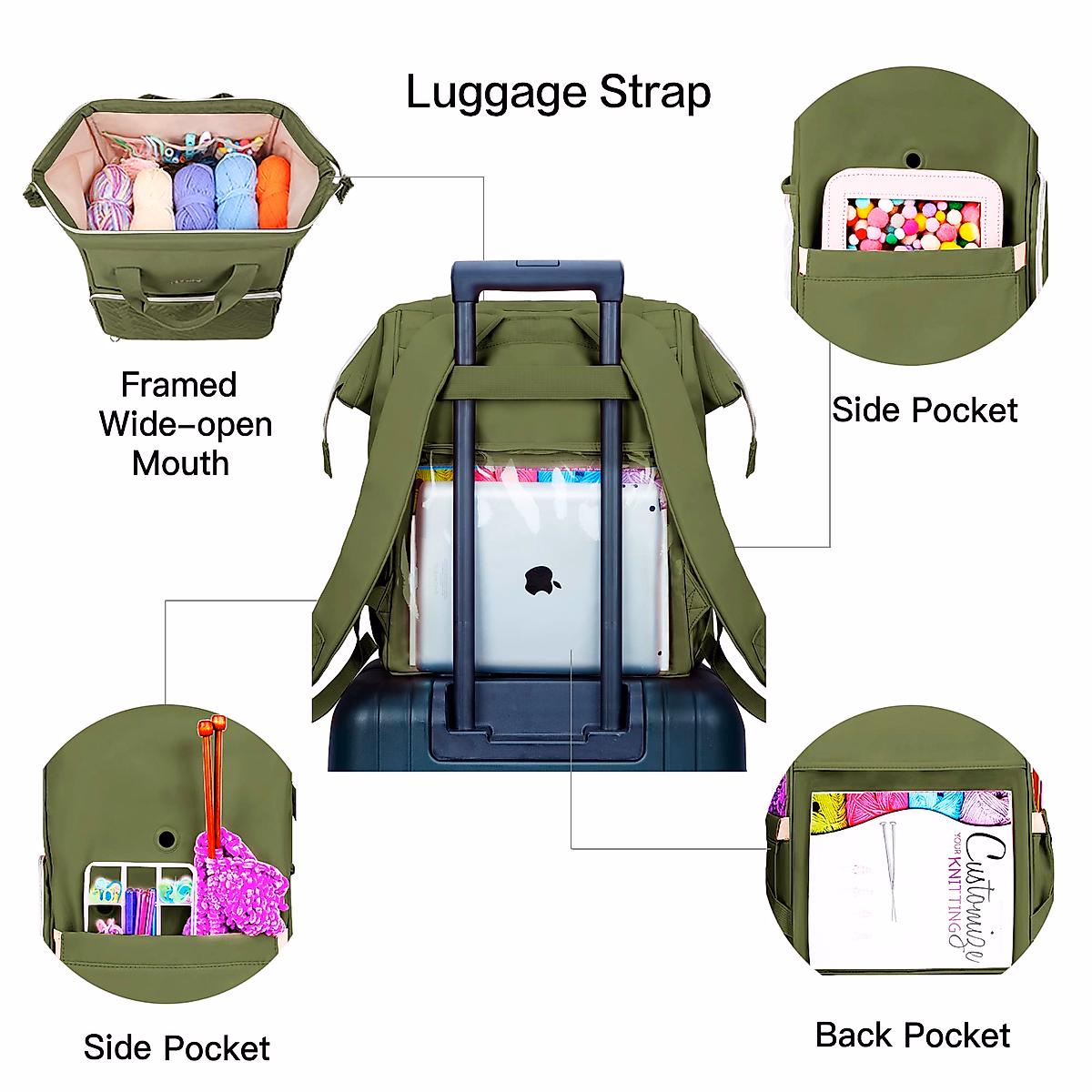 Leudes Knitting Bag Backpack, Yarn Storage Organizer Large Crochet Bag Tote Christmas Gift Yarn Holder Case for Carrying Projects, Knitting Needles (Army Green)