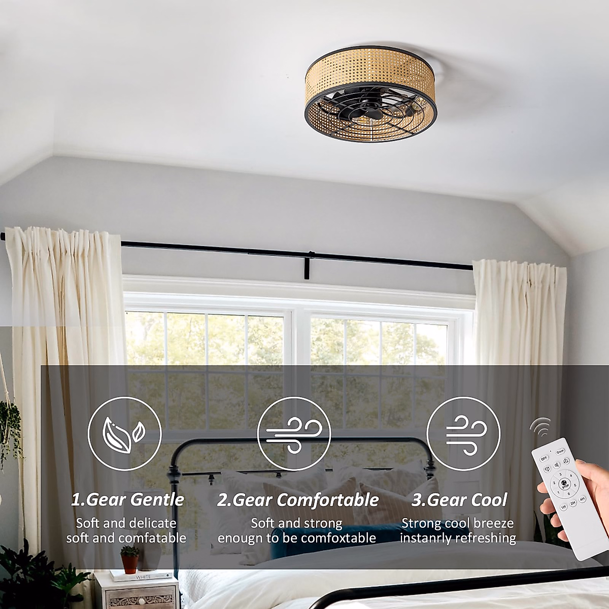 zheshirui Rattan Boho Ceiling Fan with Light Flush Mount, 20 Inch Caged Ceiling Fans with Light and Remote Control, Low Profile Enclosed 6 Speeds for Bedroom Kitchen Living Room