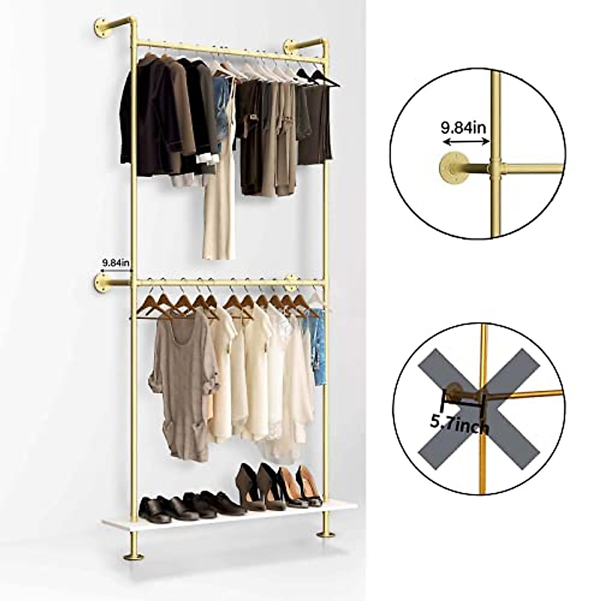 AIWFL Industrial Pipe Clothing Rack Wall Mounted,Modern Simple Metal Clothes Rack,Vintage Retail Display Garment Rack with White Shelves,Metal Gold Clothes Racks with 2 Tier Hanging Rods(47.2" L)