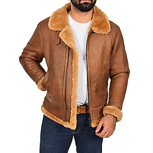 A1 FASHION GOODS Real Sheepskin Flying Jacket Vintage Tan Shearling Bomber Authentic Aviator Coat Tornado (Large)