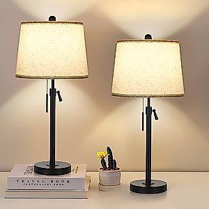 Table Lamps for Living Room Set of 2, Modern Bedside Lamps for Bedroom Height Adjustable Desk Lamp Dimmable Black Nightstand Lamps with Beige Lampshade, Pull Chain Table Lamp for Office Restaurant