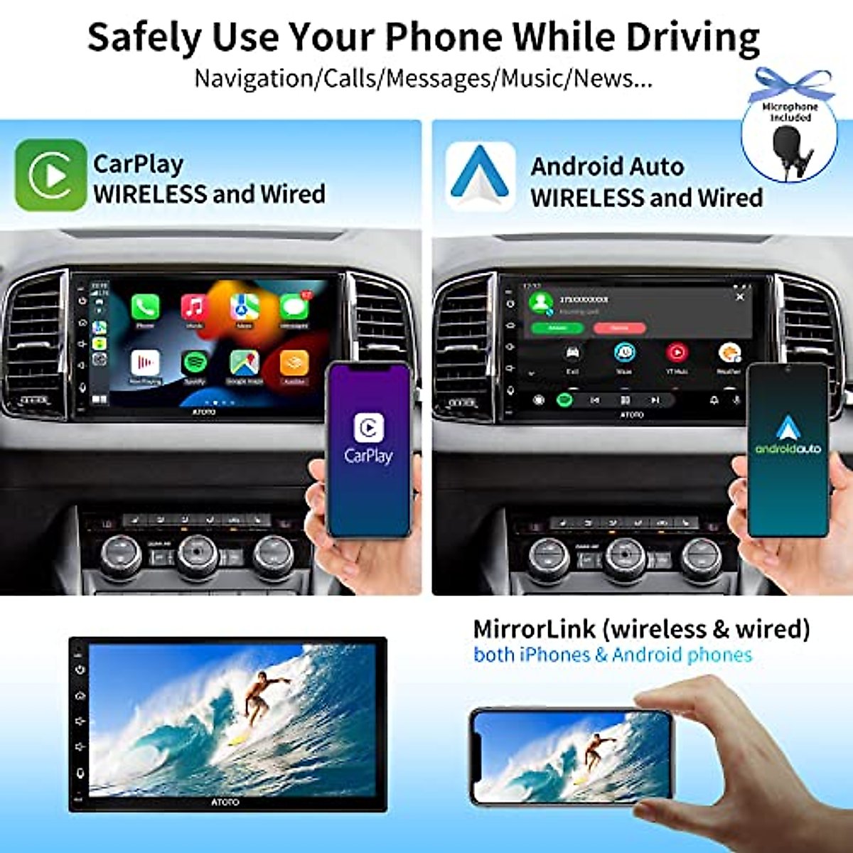 ATOTO A6 PF 7" Android Double-DIN Car Stereo, Wireless Carplay & Wireless Android Auto, Full Touchscreen Car Radio, Mirror Link, WiFi/Bluetooth/USB Tethering, HD LRV, Backup Camera, Mic, A6G2B7PF-S01