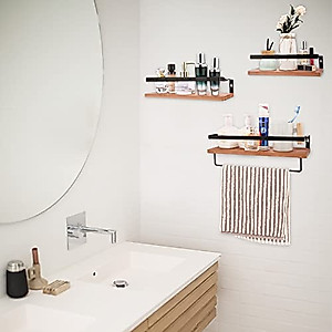 SARORRA Floating Shelves Set of 3, Bathroom Shelf with Towel Bar, Wall Mounted Rustic Wood Decor Shelves for Books, Wall Shelf with Metal Frame for Bedroom, Office, Kitchen