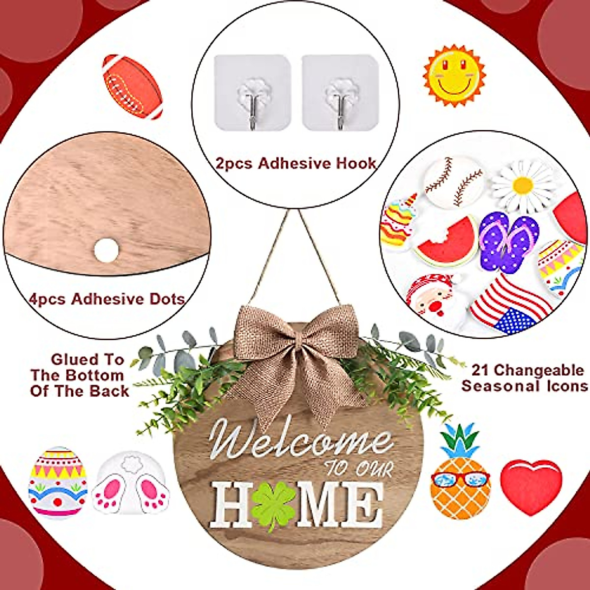 Interchangeable Welcome Home Sign, Seasonal Front Porch Door Decor With 21 Changeable Icons for Halloween /Christmas/Independence Day, Rustic Wood Wreaths Wall Hanger for Housewarming Gift (12in)