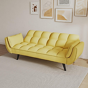 Majnesvon Velvet Futon Sofa Couch Bed with 2 Pillows, Convertible Folding Futon Couch with Adjustable Backrest, Love Seat Sleeper Sofa Bed for Small Spaces, Living Room, Office, Apartment (Yellow)