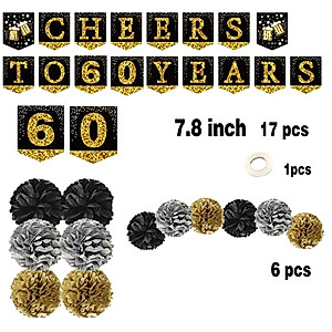 60th birthday decorations for men - (21pack) cheers to 60 years black gold glitter banner for women, 6 paper Poms, 6 Hanging Swirl, 7 decorations stickers. 60 Years Old Party Supplies gifts for men