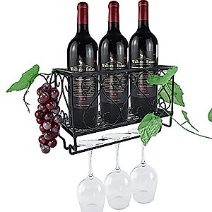 Wine Rack Wall Mounted Iron shelff and Hanging Wine Rack Inverted Wine Cup Rack, Restaurant and Living Room Decorated (9.84inch)