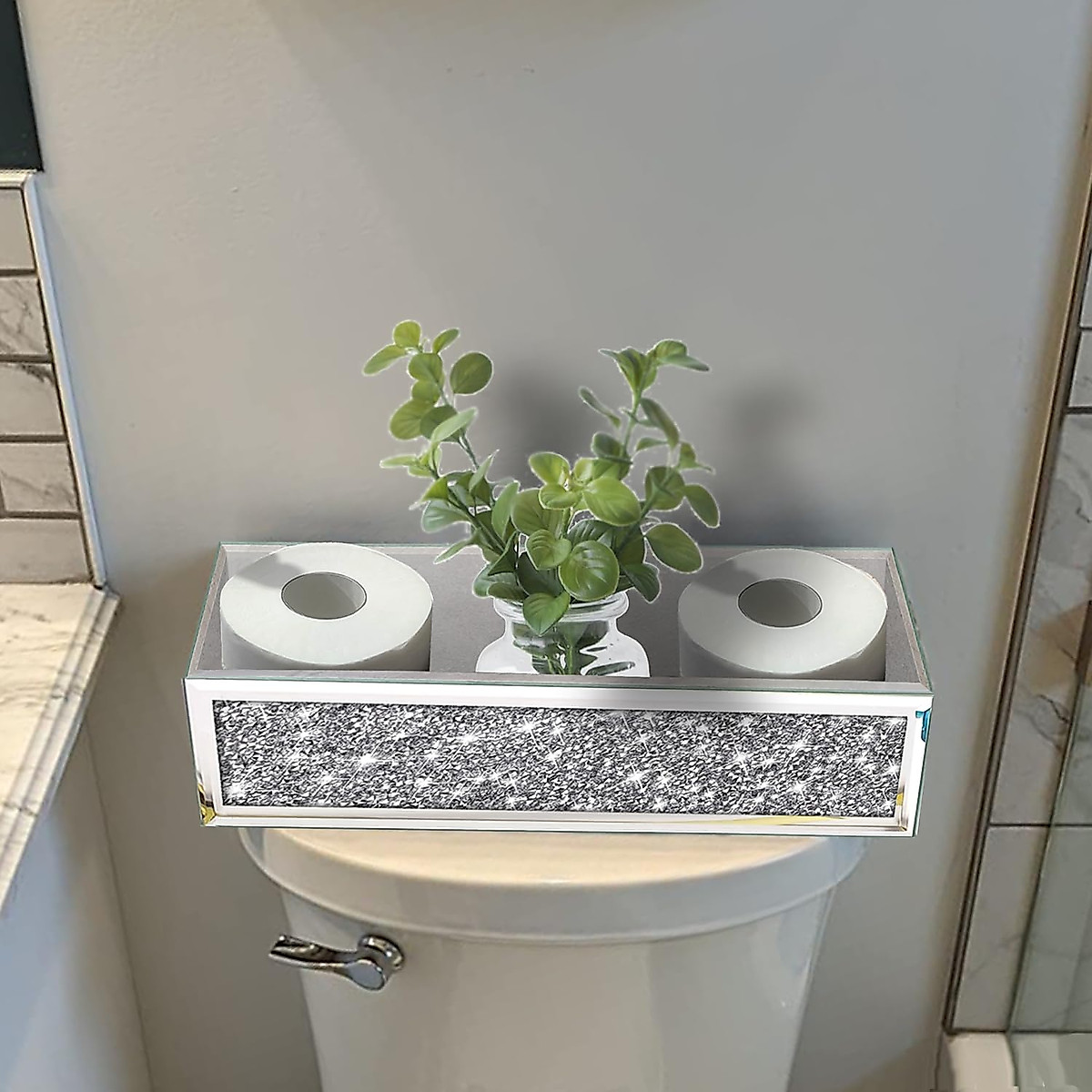 Wocred Bathroom Basket Toilet Tank,Crushed Diamond Mirrored Bathroom Tray Wall-Mounted,Silver Storage Organizer fits Dresser Bedroom,Bathroom,Coffee Table.(15”x7”x3.8”)