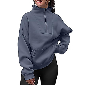 Trendy Queen Half Zip Sweatshirts Quarter Zip Pullover Hoodies for Women Oversized Fleece Soft Sweaters Comfy Fall Winter Clothes 2023 Y2K Greyblue