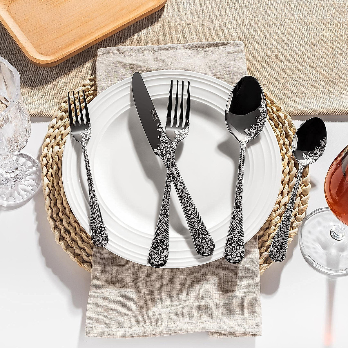 Fivent Floral Damask Rose Black Cutlery Set - 20 pcs - Includes 8 x Spoons, 8 x Forks, 4 x Knife - Stainless Steel, Dishwasher Safe, Mirror Polished Tableware - Durable Flatware - Home Kitchen