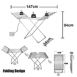 ERUSO Clothes Airer 20 Bars Winged Electric Heated Clothes Airer, Folding Laundry Drying Rack Heating Hanger, Saves Energy, for Clothing, Bedding, Towels