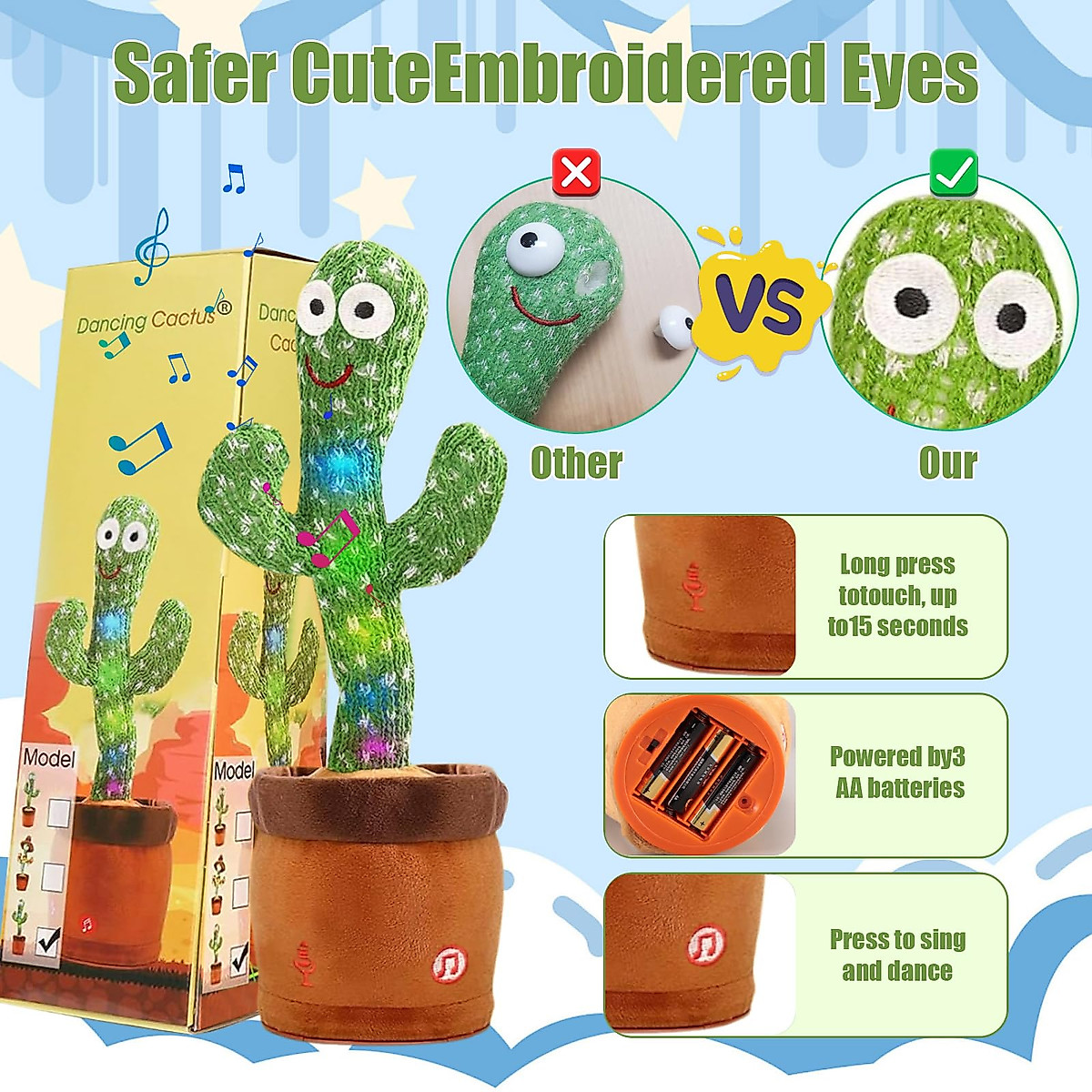 MIAODAM Dancing Cactus, Talking Cactus Baby Toy Repeating Words Smart Cactus Toy Dancing and Singing 100 Songs Funny Toy for Kids and Adults, Plush Interactive Toy Figures