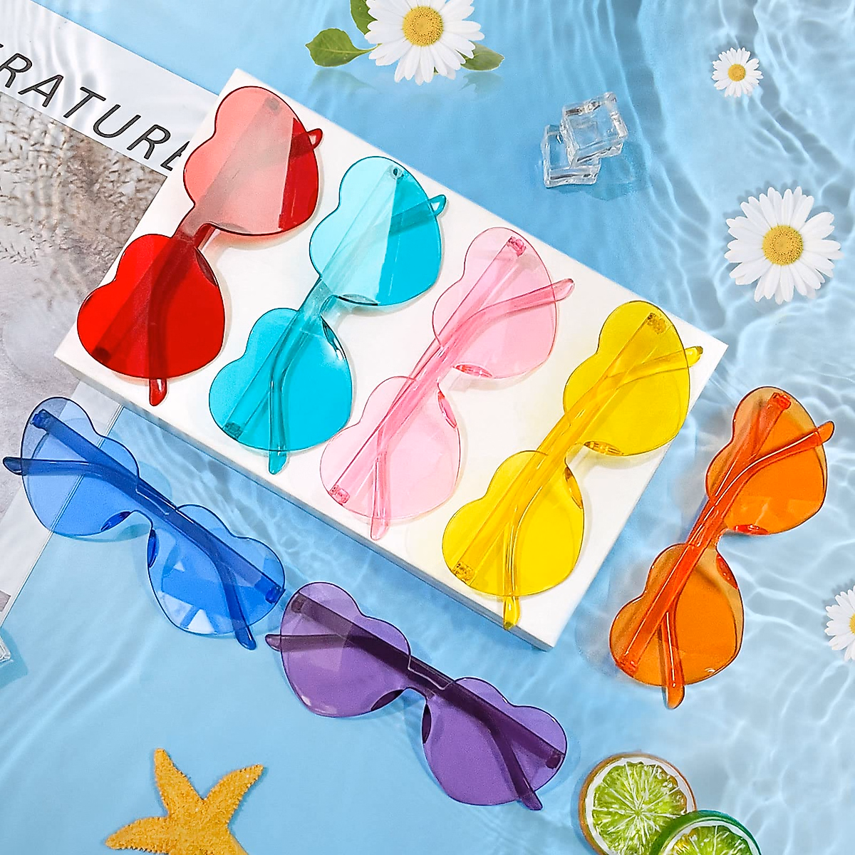 Pibupibu 12 Pack Colorful Heart Shaped Sunglasses for Women Bulk Rimless Glasses Transparent Bachelorette Party Favors