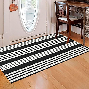 Striped Rug Outdoor Porch Rug Black Striped 23.5x51 inches Washable Layered Outdoor Doormat Front Door Mat Cotton Striped Outdoor Rug for Front Door Entryway Patio Laundry Kitchen