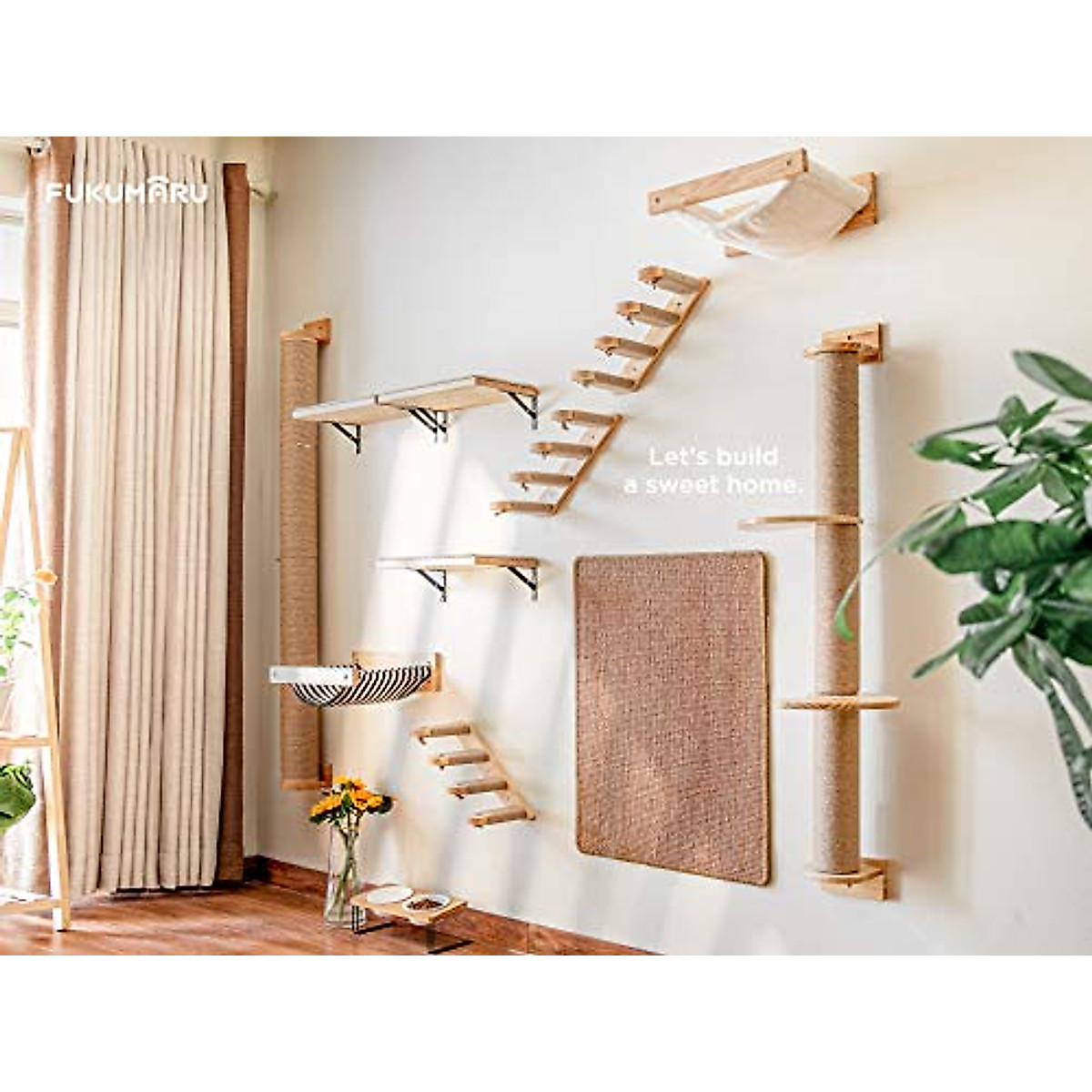 FUKUMARU Hammock Mounted Cat Beds and Perches, Wooden Wall Furniture, Stable Shelves for Sleeping, Playing, Climbing, and Lounging, Black Stripe