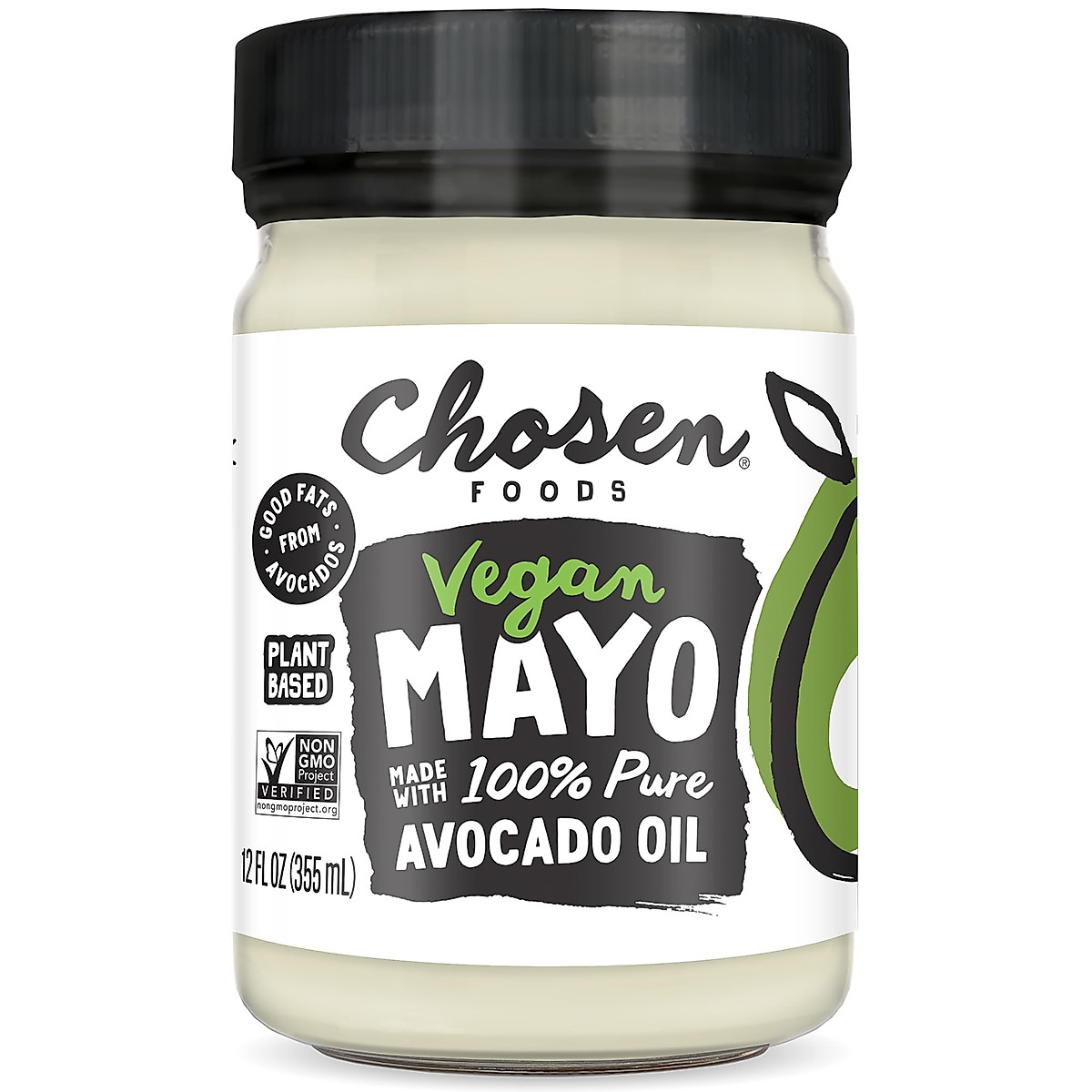 Chosen Foods Classic Vegan Avocado Oil-Based Mayonnaise, Gluten & Dairy Free, Low-Carb, Keto & Paleo Diet Friendly, Mayo for Sandwiches, Dressings and Sauces (12 fl oz)