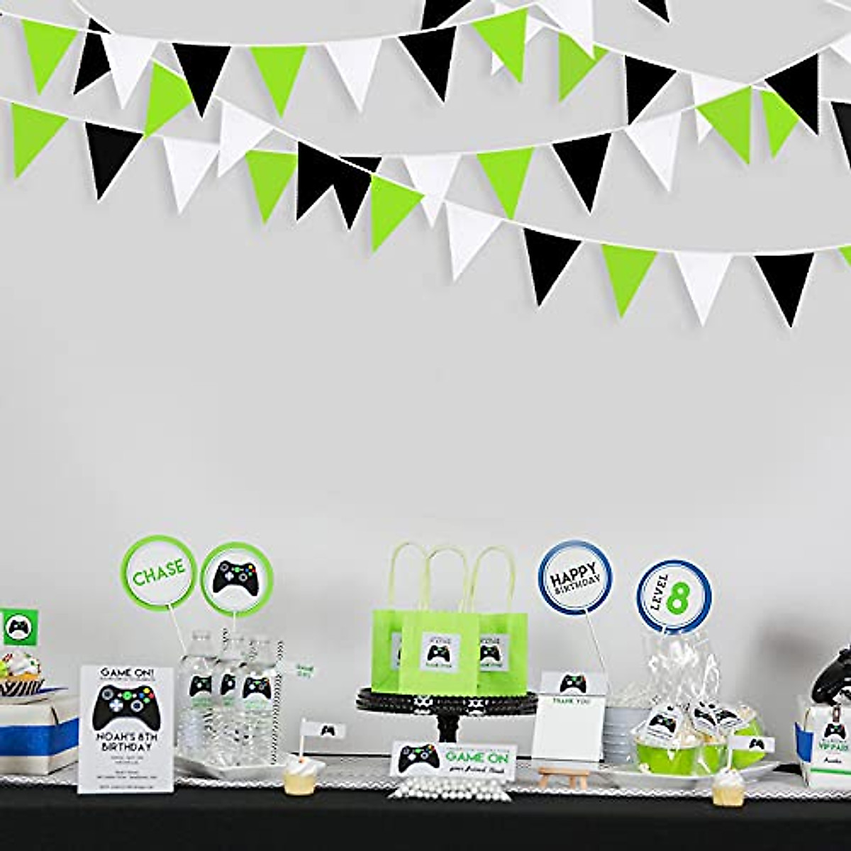 10M/32Ft Green Black White Banner Decorations Triangle Flag Fabric Pennant Garland Bunting for Graduation Birthday Wedding Gaming Soccer Halloween Party Outdoor Garden Hanging Festivals Decoration