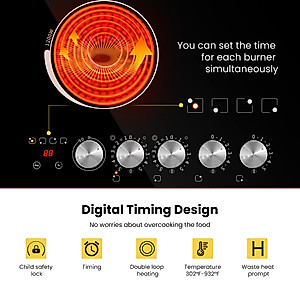 VIVOHOME 29 Inch 4 Burner 7400W Electric Radiant Cooktop with 5 Heating Level and 90-min Timer, Black