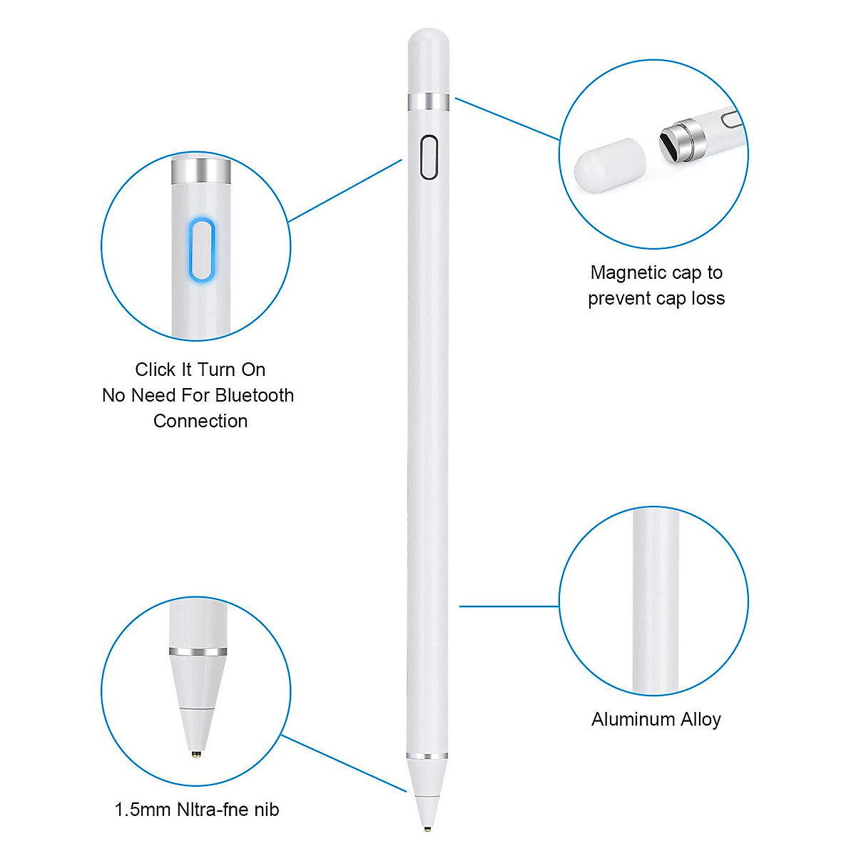 Stylus Pen for Touch Screens Rechargeable 1.5mm Fine Point Active Stylus Pen Smart Pencil Digital Compatible iPad and Most Tablet (White) (White)