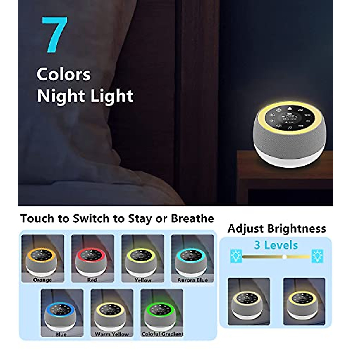 [2 in 1] White Noise Machine, Sleep Sound Machine with 7 Colors Night Light, 32 Soothing Sounds, Built-in Battery & Headphone Jack, Portable Sound Machine for Sleeping Baby, Adult and Sound Therapy
