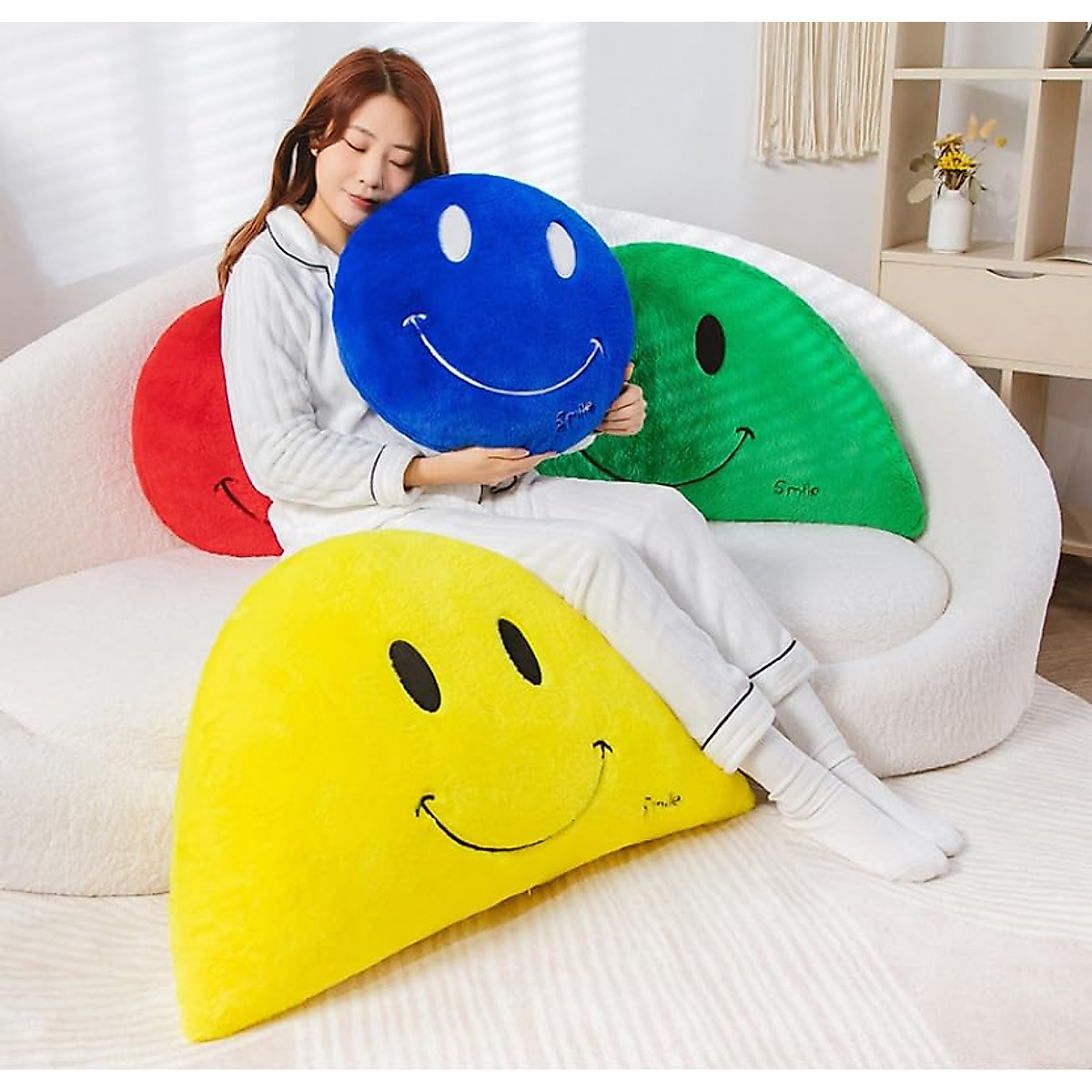 Round Shaped Throw Pillow, Smiling Face Plush Sofa Pillow Decorative Pillow Cushion for Children's Bed,Gift for Boys & Girls (Blue)
